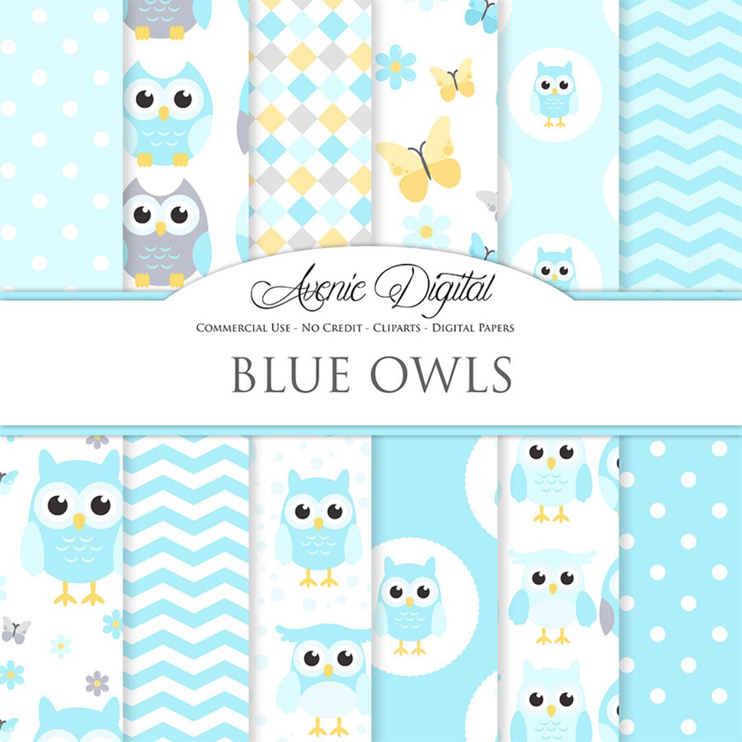 Cute Blue Owl Digital Paper. Scrapbook Backgrounds, Birds Patterns for ...