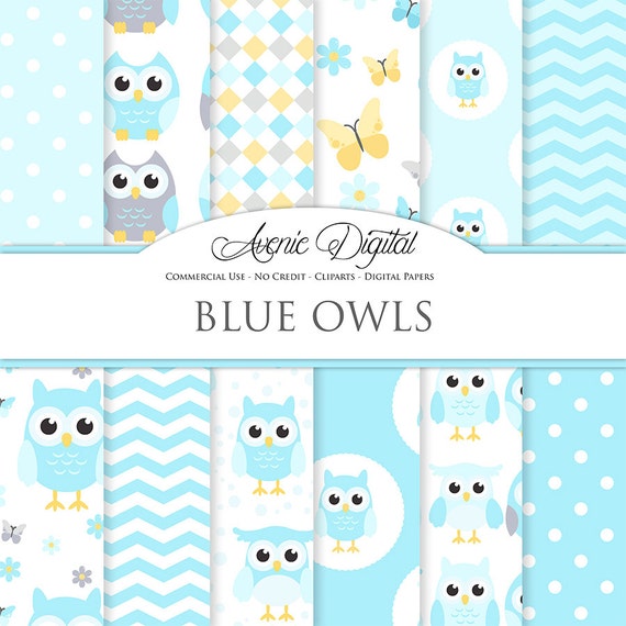 Cute Blue Owl Digital Paper. Scrapbook Backgrounds, Birds patterns for ...