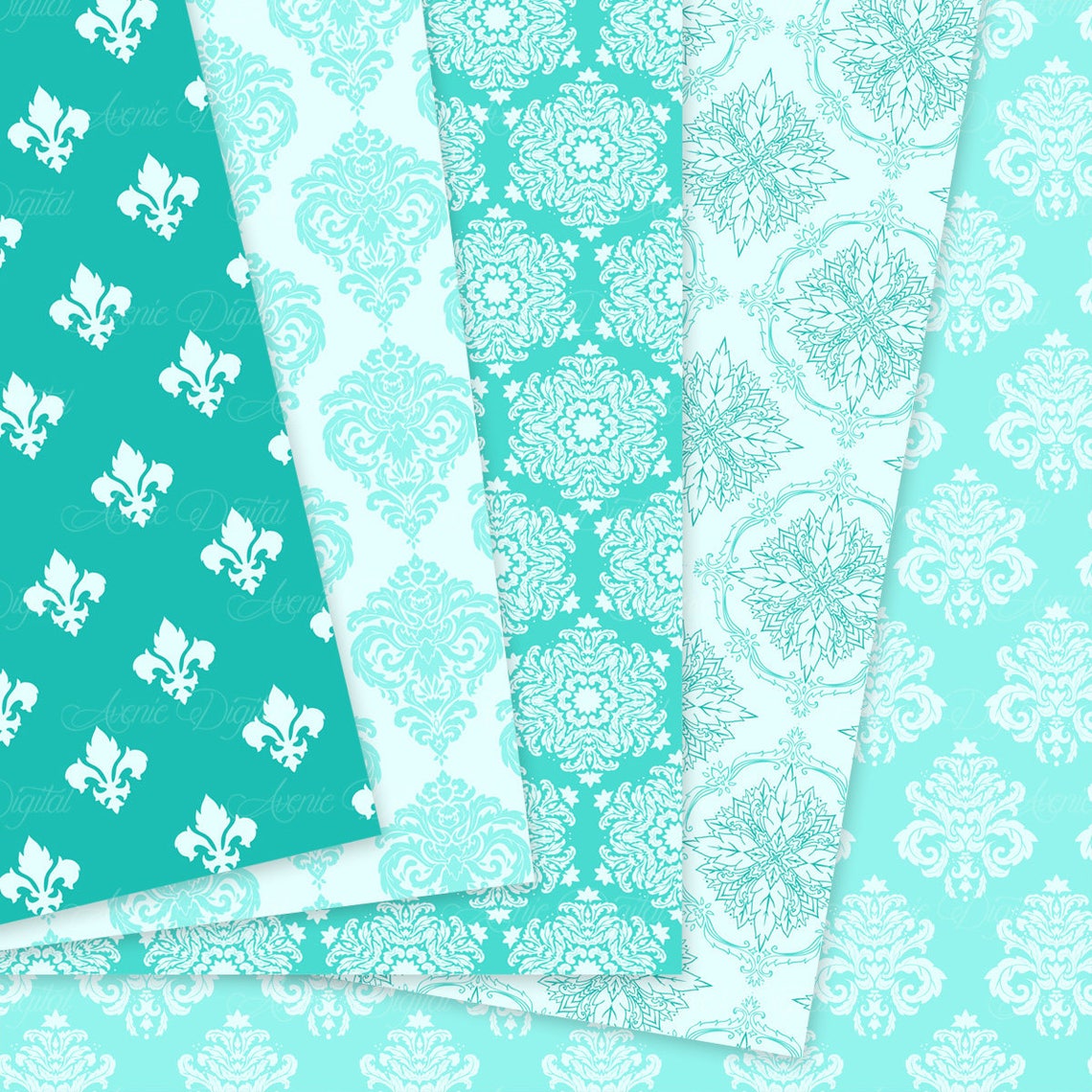 28 Turquoise Damask Digital Paper. Scrapbooking Backgrounds. | Etsy