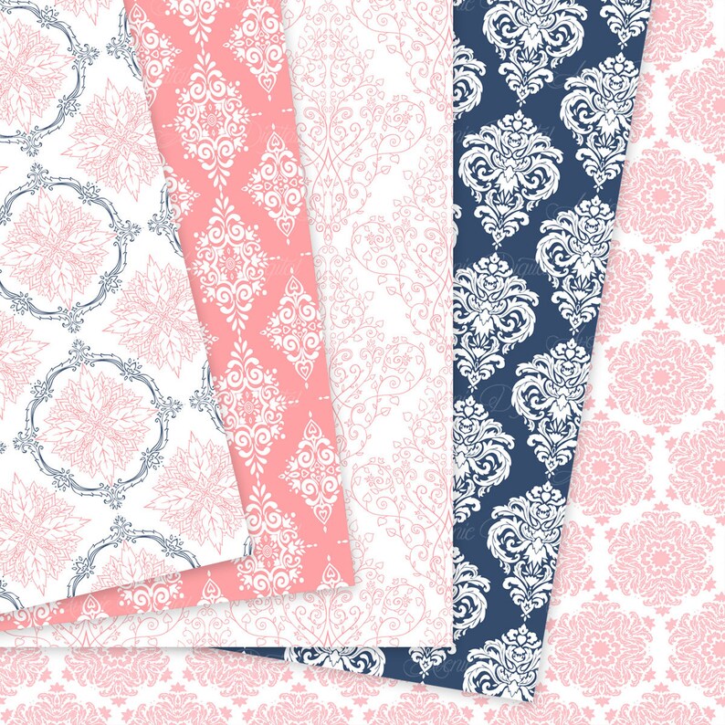 28 Coral and Navy Damask Digital Paper. Scrapbook Backgrounds. | Etsy