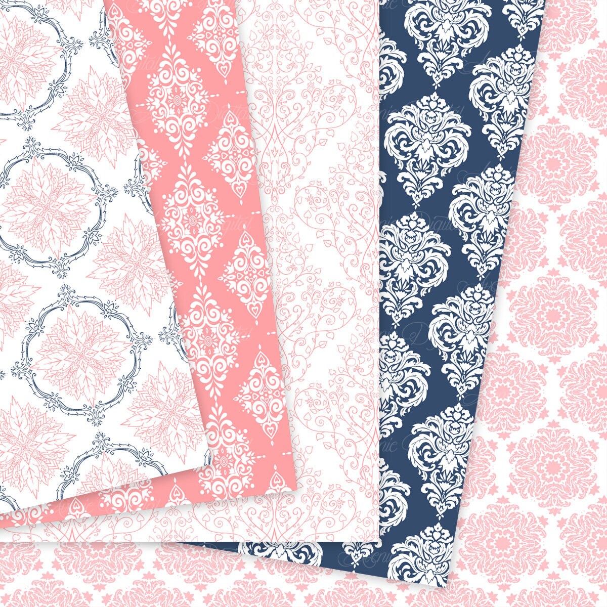 28 Coral and Navy Damask Digital Paper. Scrapbook Backgrounds. | Etsy