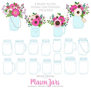 Hot Pink Floral Mason Jar Wedding Clipart. Scrapbook Clip Art, Ball ...