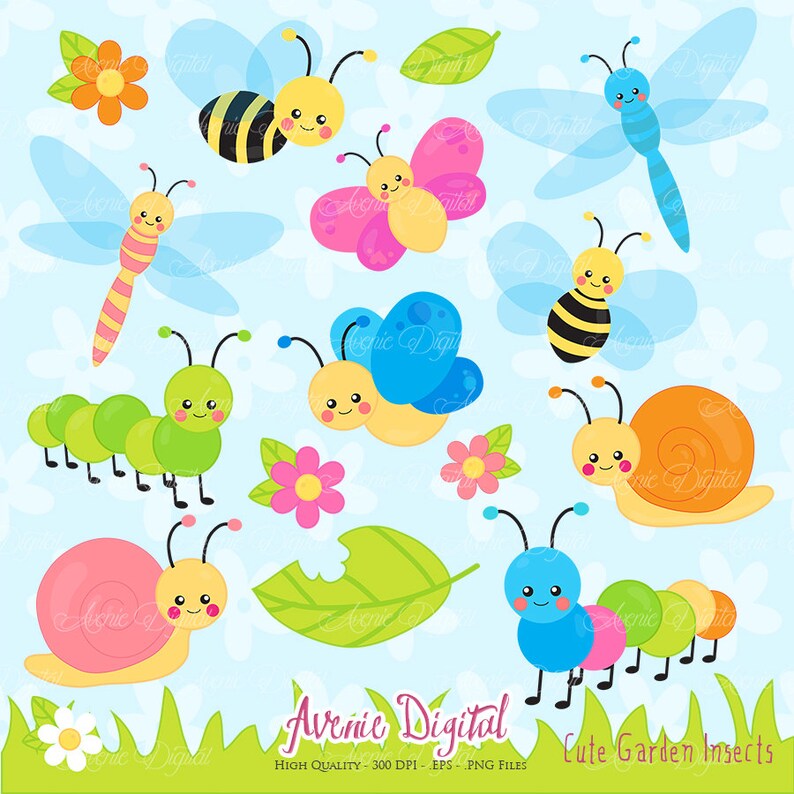 Cute Garden Bugs Clipart. Scrapbook Printable Insect Clip Art - Etsy