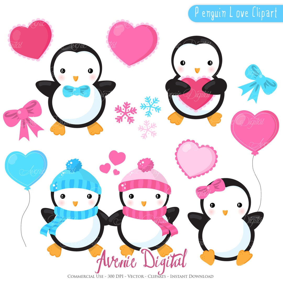 Valentines Penguins Clipart Scrapbook Printables, Holiday Clip Art Set ...