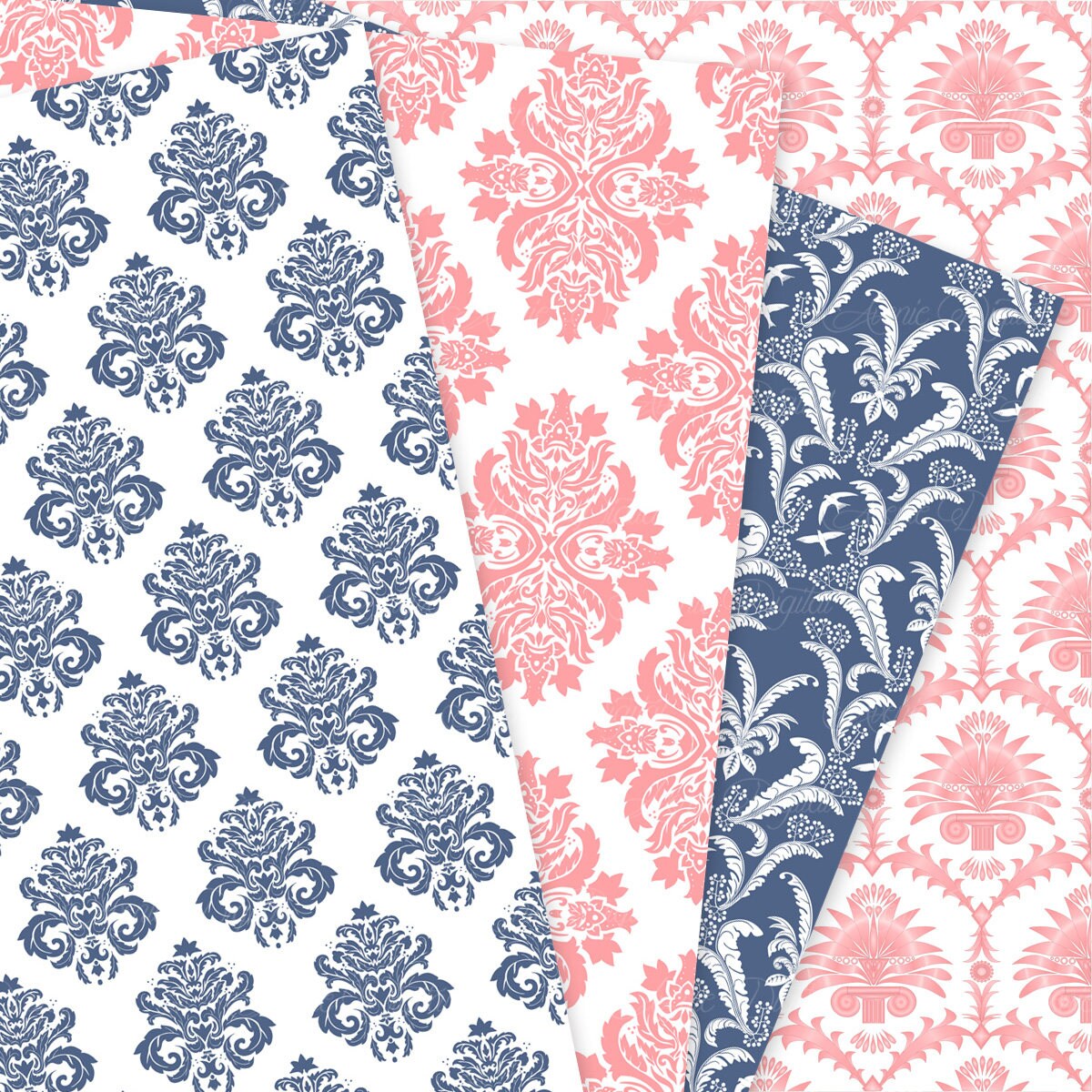 28 Coral and Navy Damask Digital Paper. Scrapbook Backgrounds. | Etsy