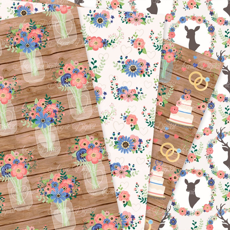 Coral and Navy Rustic Wedding Digital Paper. Scrapbook | Etsy