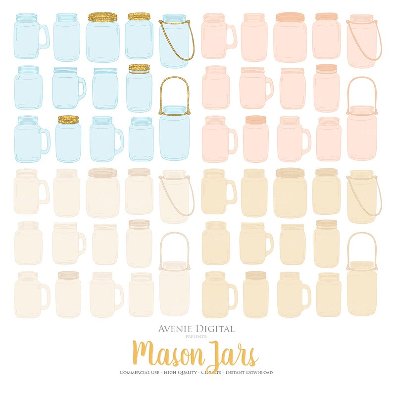 Ivory and Gold Glitter Floral Mason Jar Wedding Clipart. | Etsy