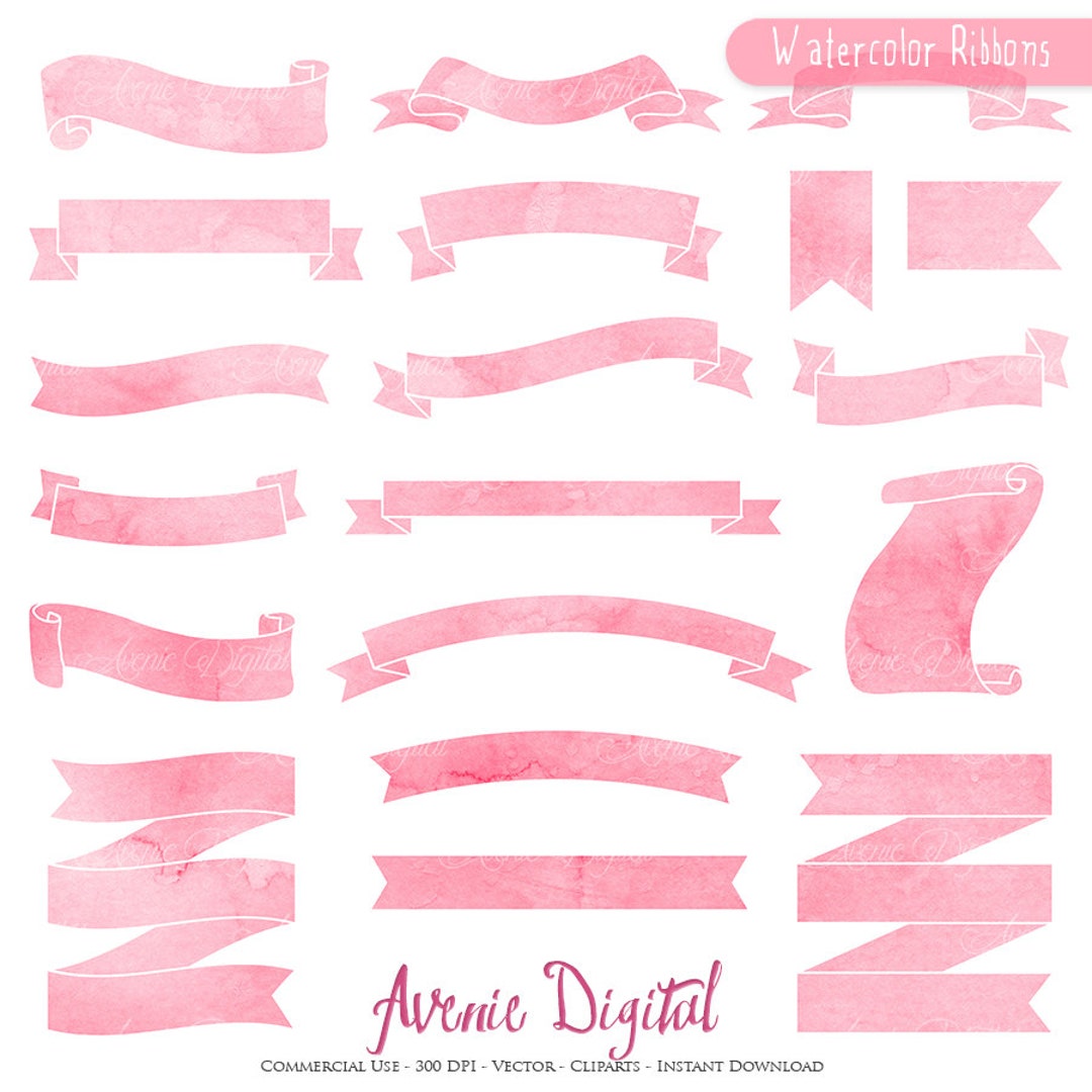 Coral Watercolor Ribbon Banner Clipart. Scrapbook Printables, Pink ...