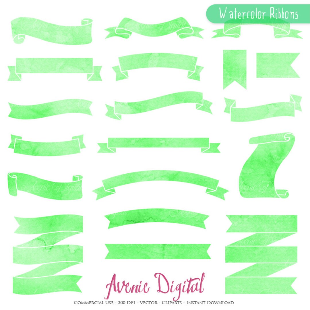 Green Watercolor Ribbon Banner Clipart. Scrapbook Printables, Earth Day ...