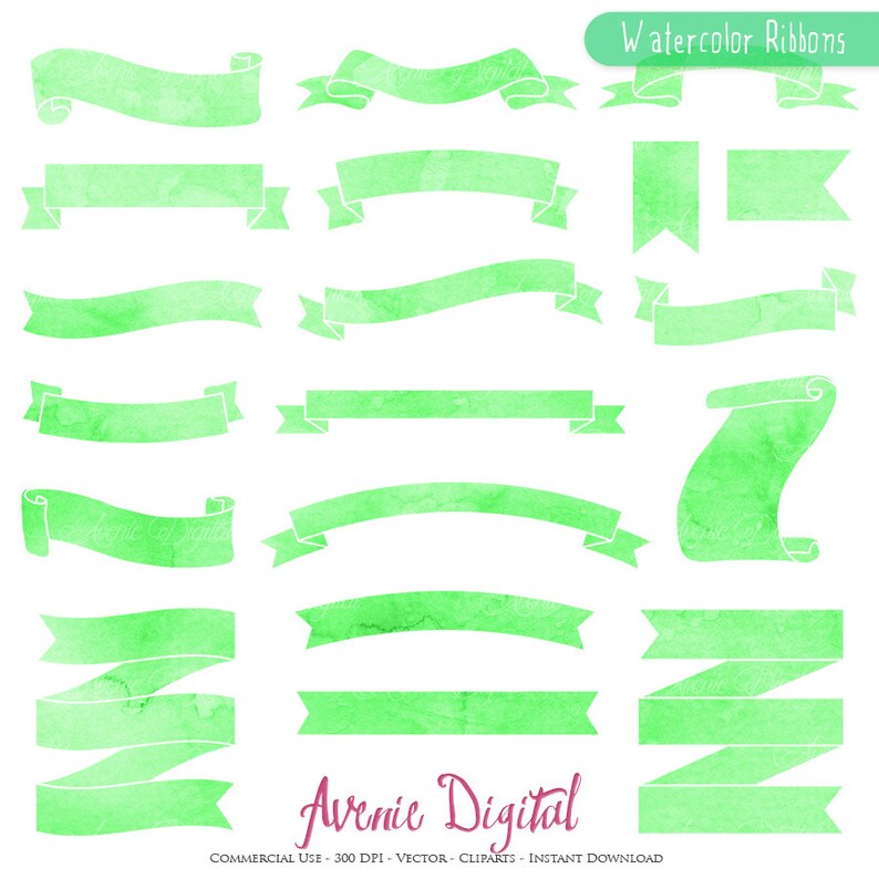 Green Watercolor Ribbon Banner Clipart. Scrapbook Printables - Etsy