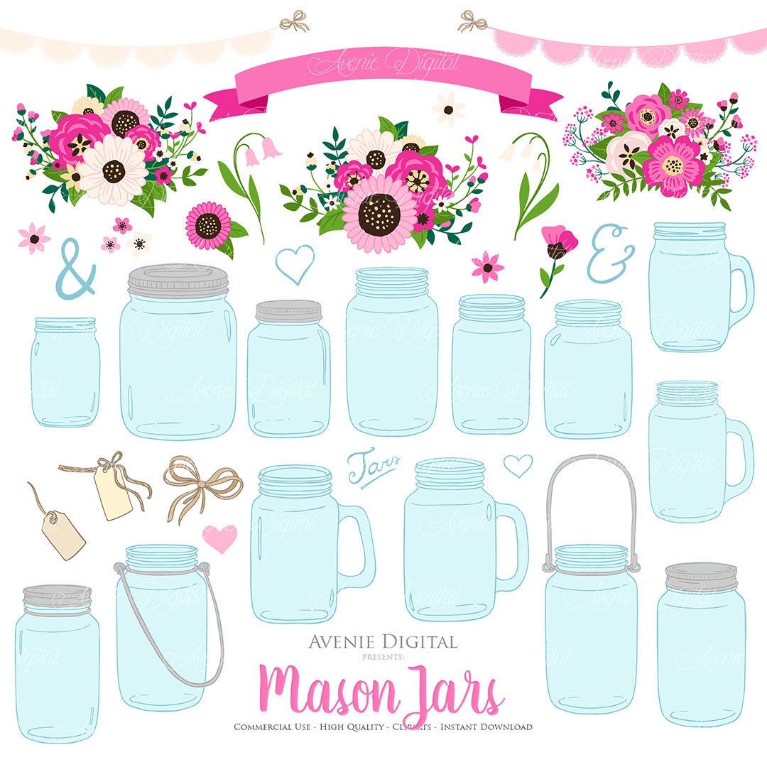 Hot Pink Floral Mason Jar Wedding Clipart. Scrapbook Clip Art, Ball ...