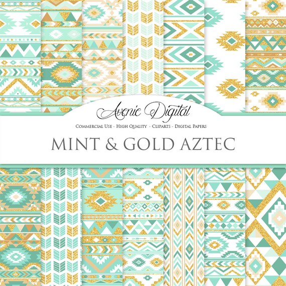 Mint and Gold Glitter Aztec Digital Paper. Scrapbook Backgrounds. Mint ...