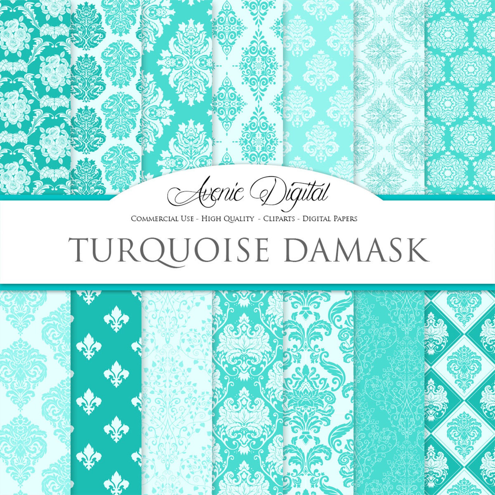 28 Turquoise Damask Digital Paper. Scrapbooking Backgrounds. - Etsy