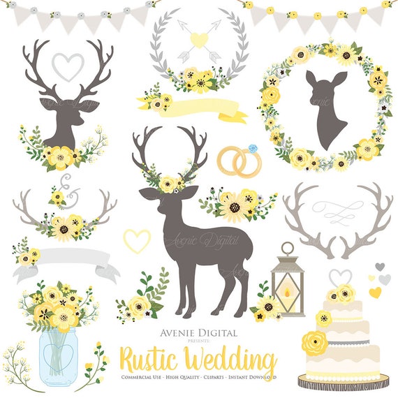 Yellow and Gray Rustic Wedding Clipart Scrapbook Clip Art, Deer antlers ...