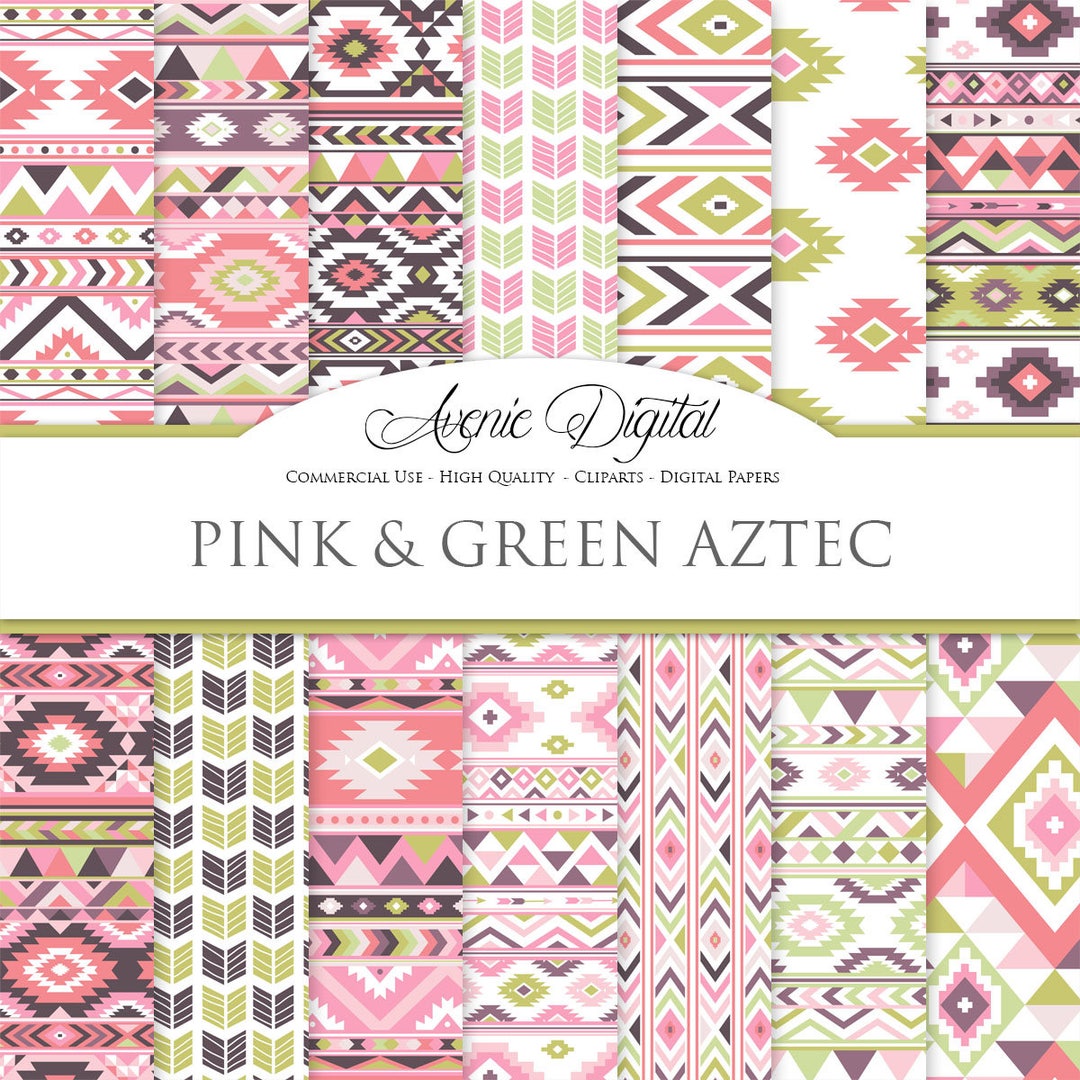Pink and Green Aztec Digital Paper. Scrapbook Backgrounds. Boho ...