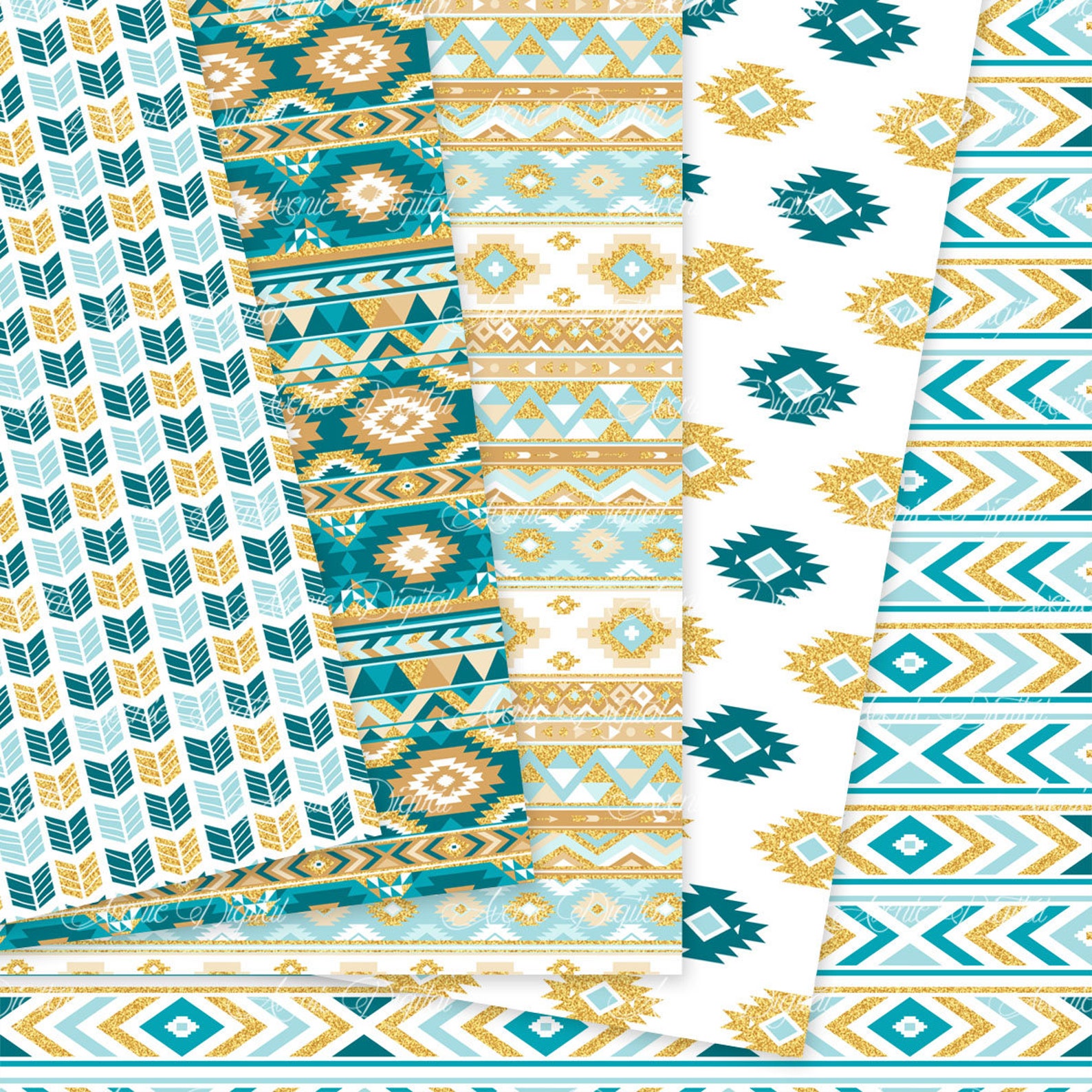 Teal and Gold Aztec Digital Paper. Scrapbook Background. Teal | Etsy
