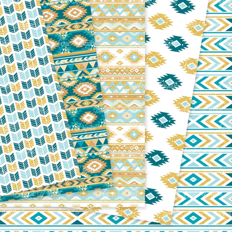 Teal and Gold Aztec Digital Paper. Scrapbook Background. Teal | Etsy