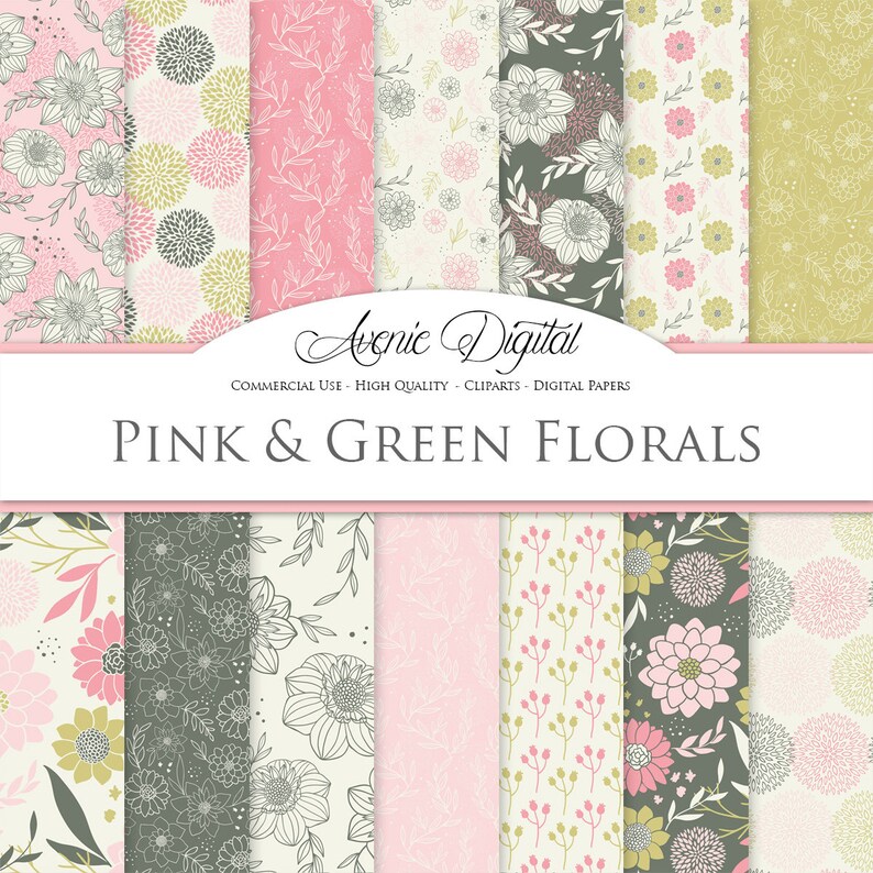 Pink and Green Floral Digital Paper. Scrapbook Backgrounds - Etsy