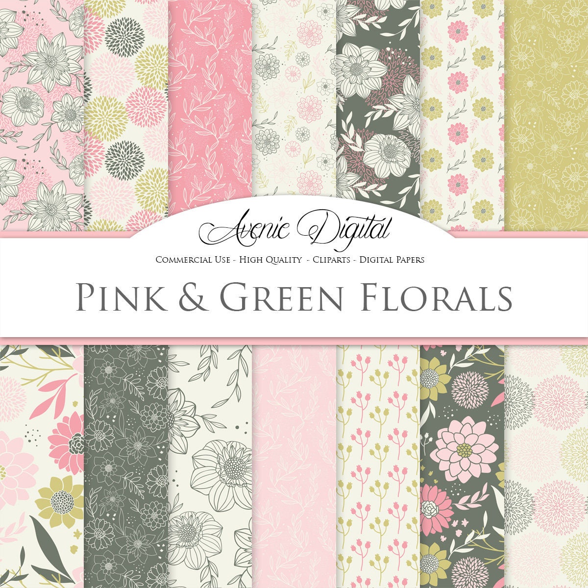 Pink and Green floral Digital Paper. Scrapbook Backgrounds | Etsy