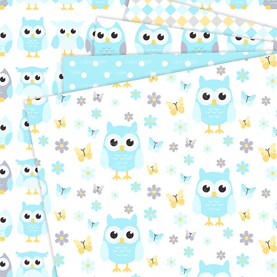 Cute Blue Owl Digital Paper. Scrapbook Backgrounds Birds | Etsy