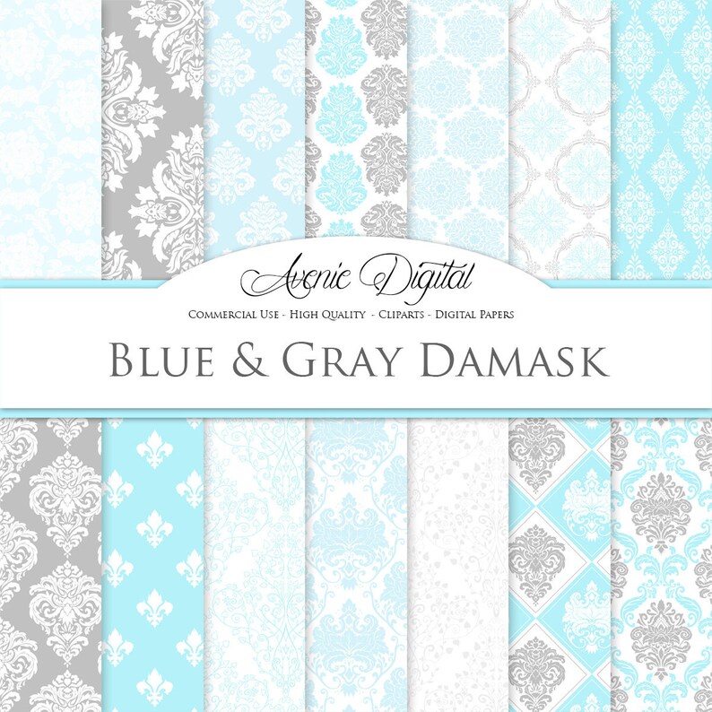 28 Blue and Gray Damask Digital Paper Scrapbook Backgrounds - Etsy