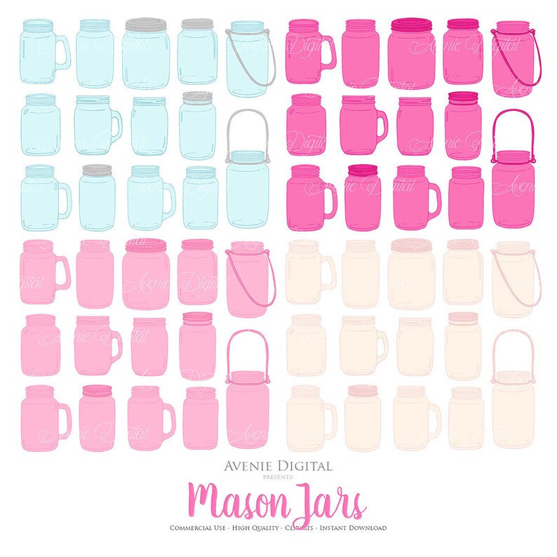 Hot Pink Floral Mason Jar Wedding Clipart. Scrapbook Clip Art | Etsy