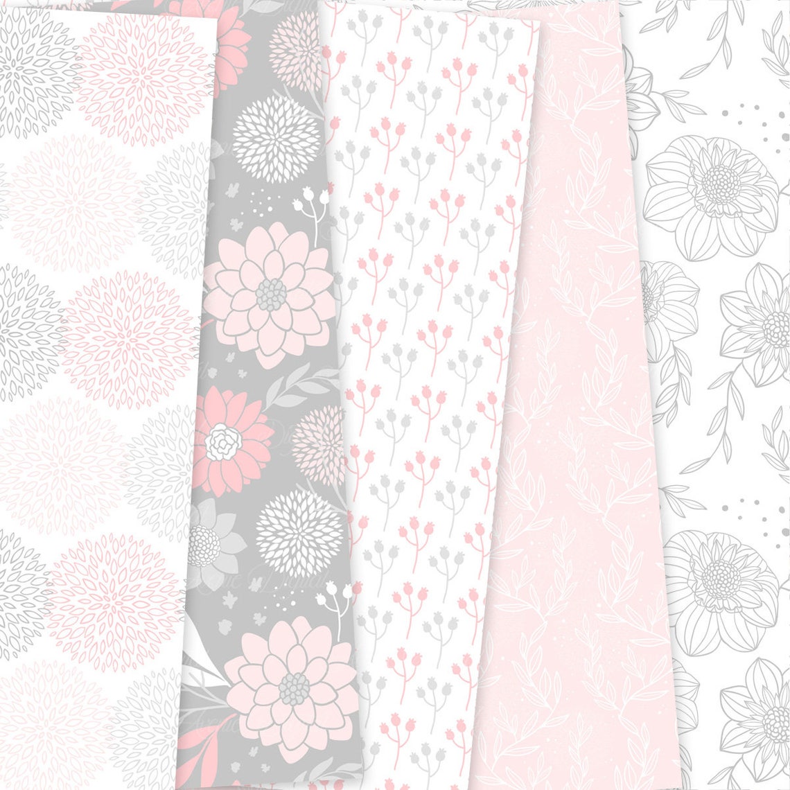 Pink and Gray Floral Digital Paper. Scrapbook Backgrounds - Etsy