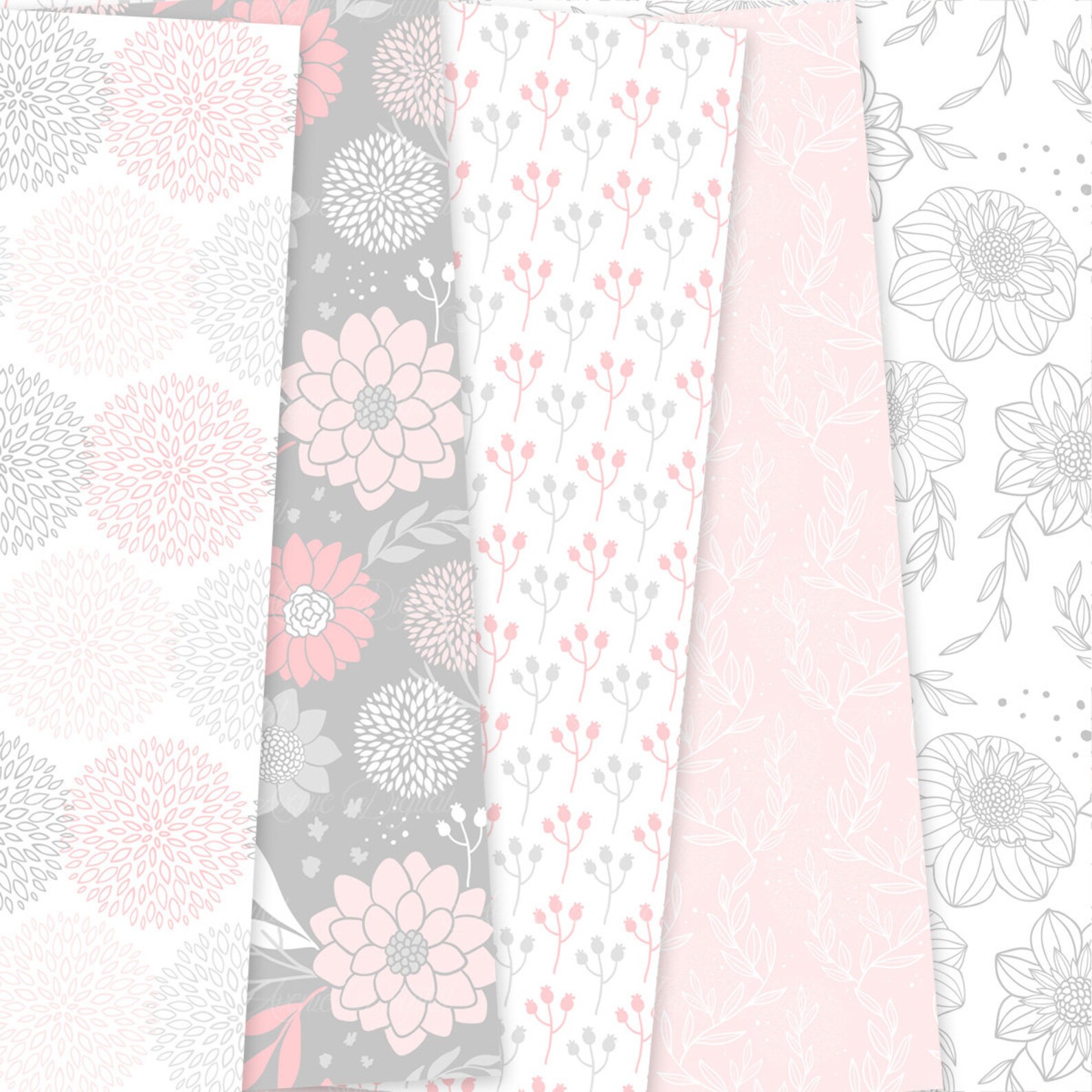 Pink and Gray Floral Digital Paper. Scrapbook Backgrounds - Etsy