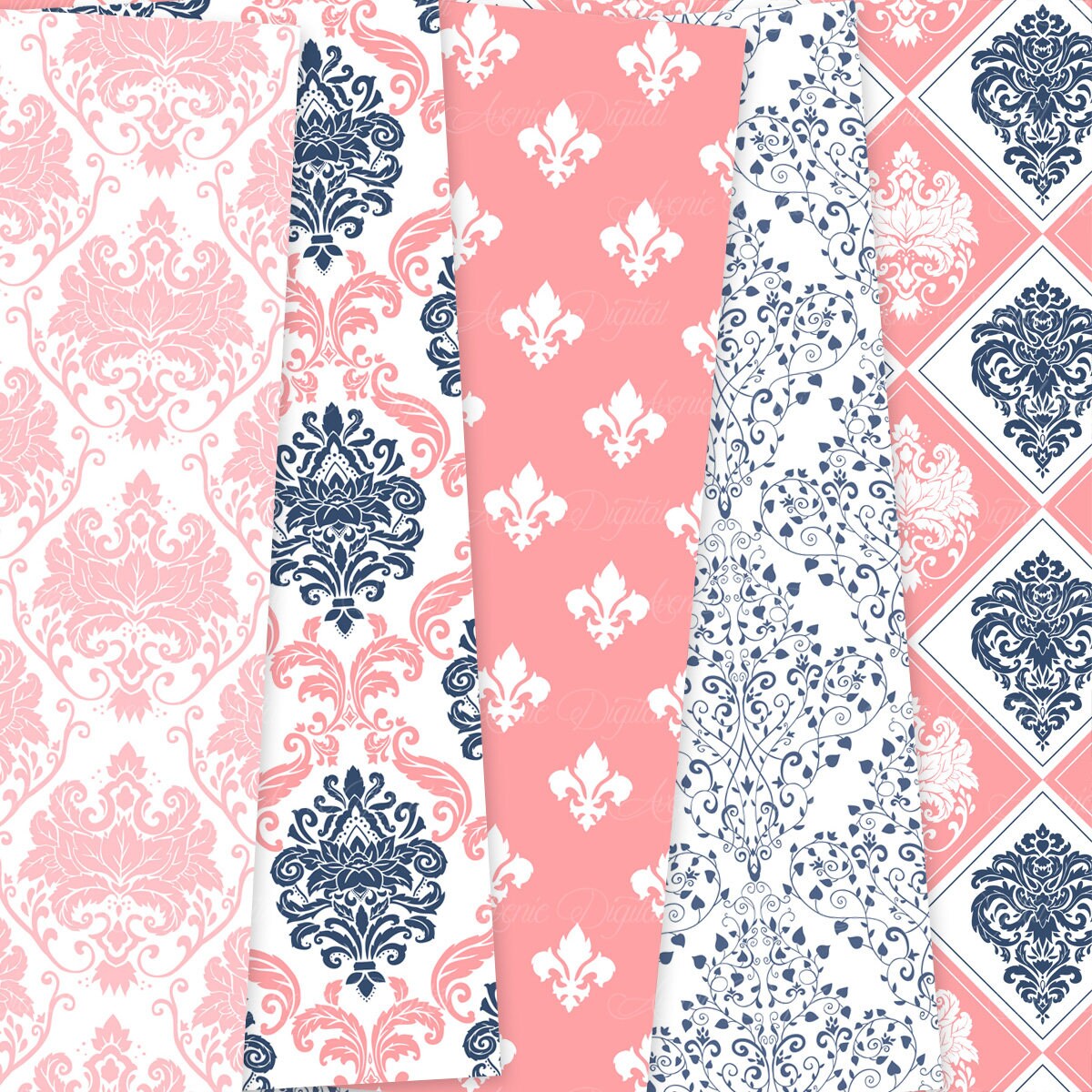 28 Coral and Navy Damask Digital Paper. Scrapbook Backgrounds. | Etsy