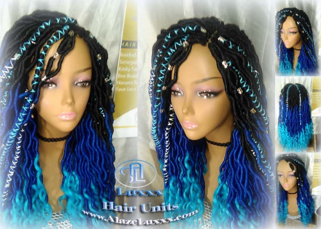Blue Ombre Goddess Faux Locs Mermaid Curly Long Distressed Bohemian ...