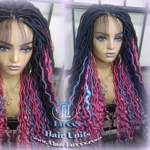 Blue Pink Purple Teal Ombre Goddess Faux Locs Lace Closure W Baby Hairs ...