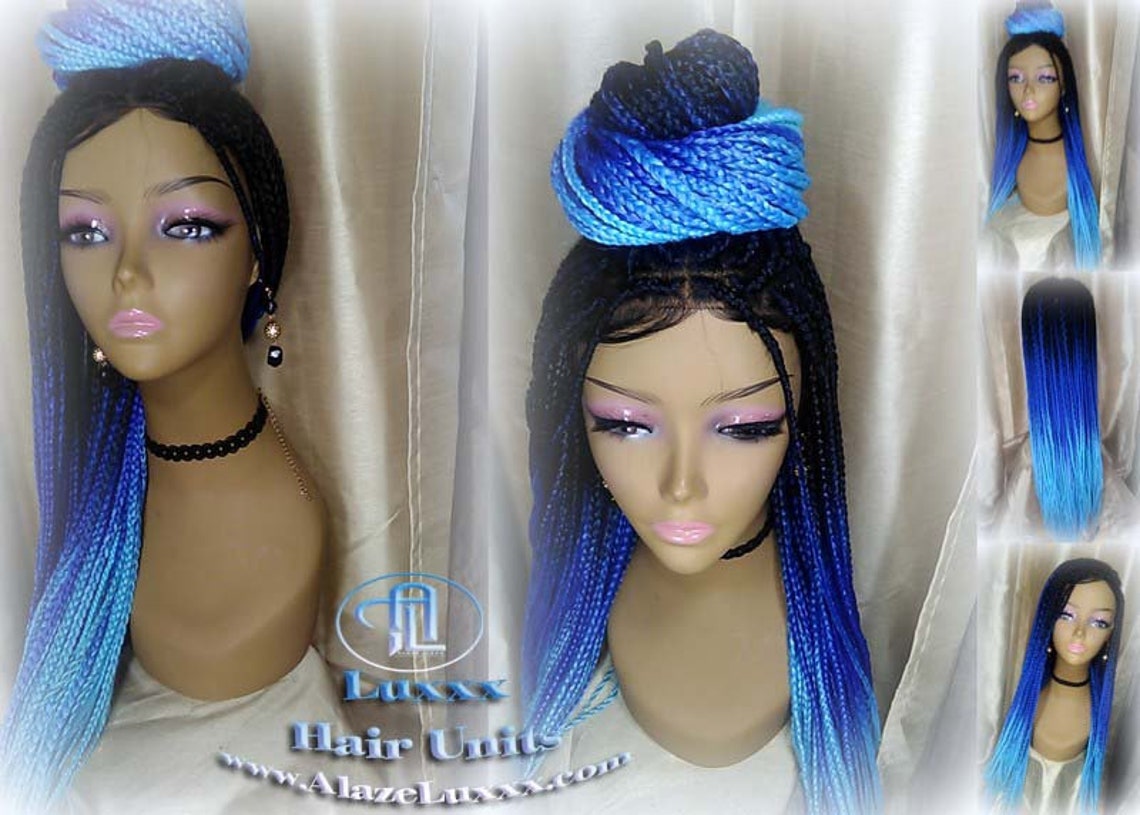 Box Braids Wig Blue Ombre Straight Long Wig Small Medium Royal Sky Baby ...