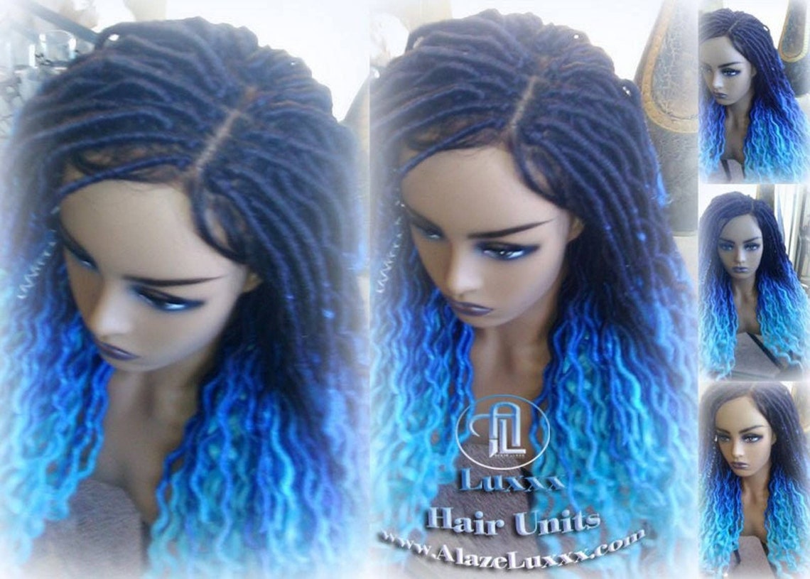 Blue Ombre Goddess Faux Locs Lace Closure W Baby Hairs Faux Loc Wig 4x4 ...