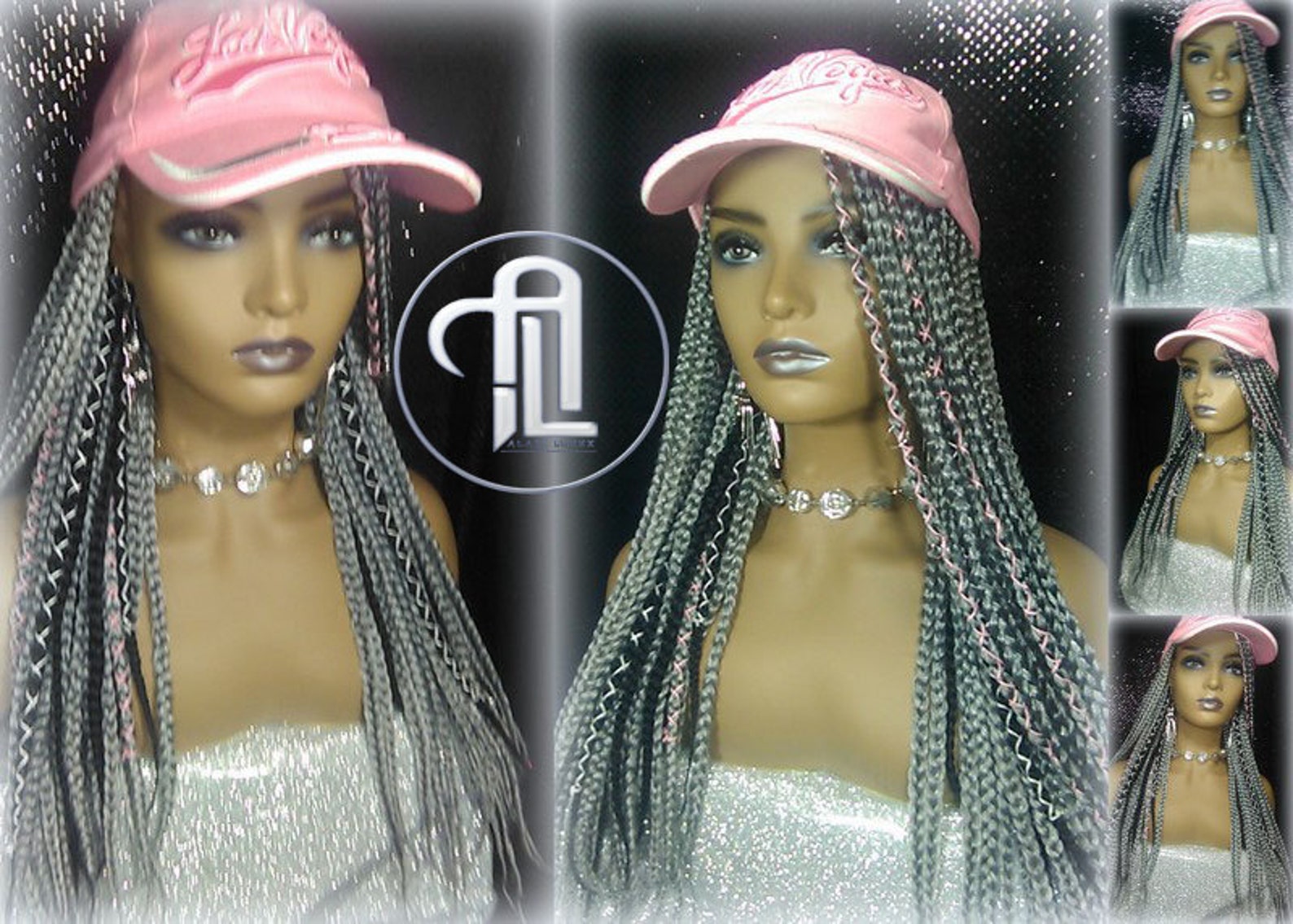 Silver Grey Black Box Braid Hat Wig Gym Hat Baseball Cap Braided Hat ...
