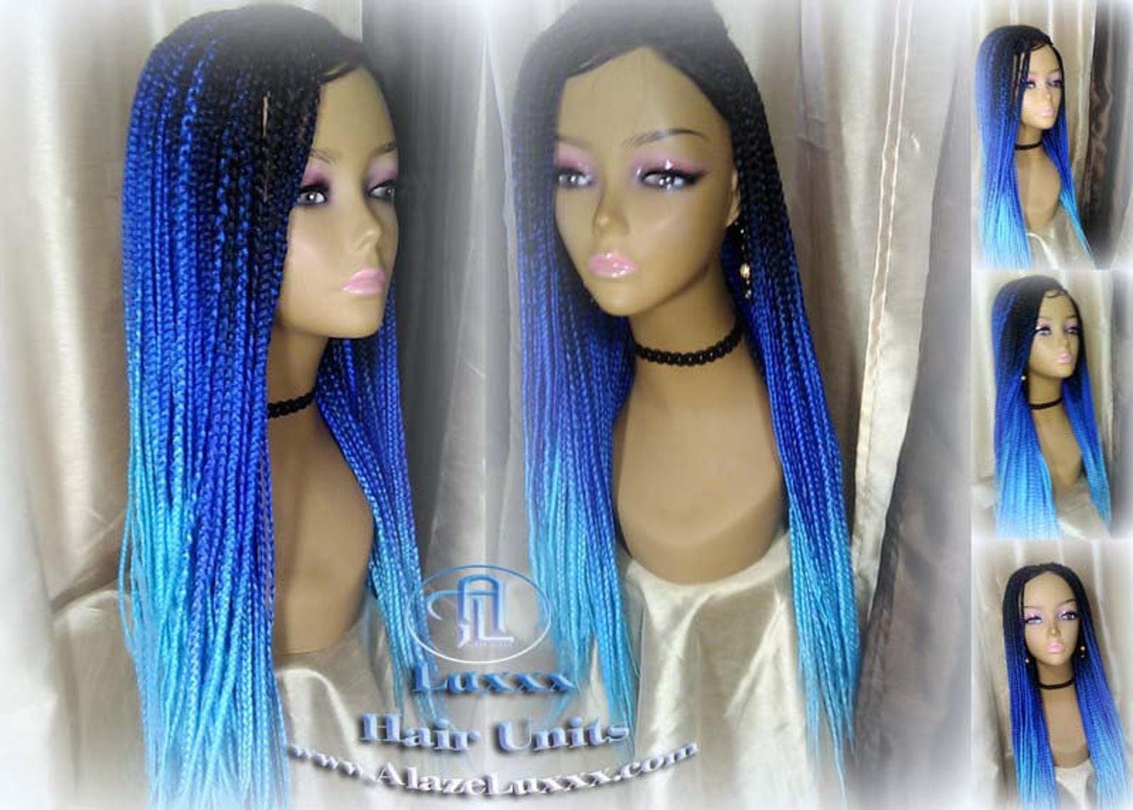 Box Braids Wig Blue Ombre Straight Long Wig Small Medium Royal Sky Baby ...