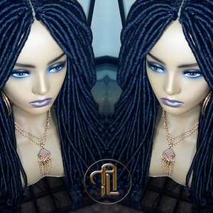 Long Straight Black Goddess Faux Locs Curly Ends Dread Wig Gypsy Faux ...