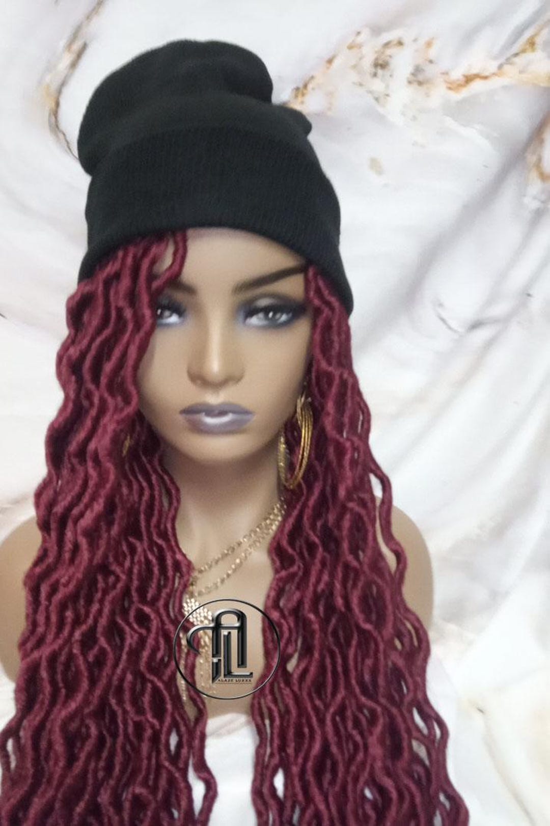 Beanie Hat Burgundy Wavy Faux Locs Boho Style Long Hat Beanie Braided ...