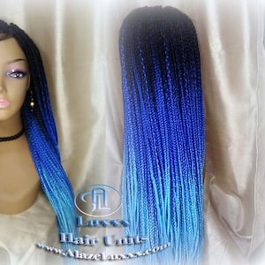 Box Braids Wig Blue Ombre Straight Long Wig Small Medium Royal Sky Baby ...