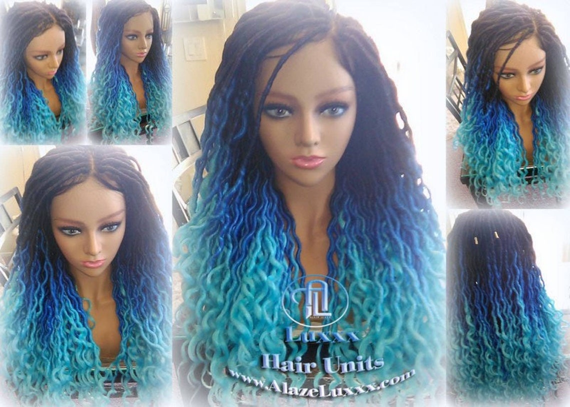 Blue Ombre Goddess Faux Locs Lace Closure W Baby Hairs Faux Loc Wig 4x4 ...