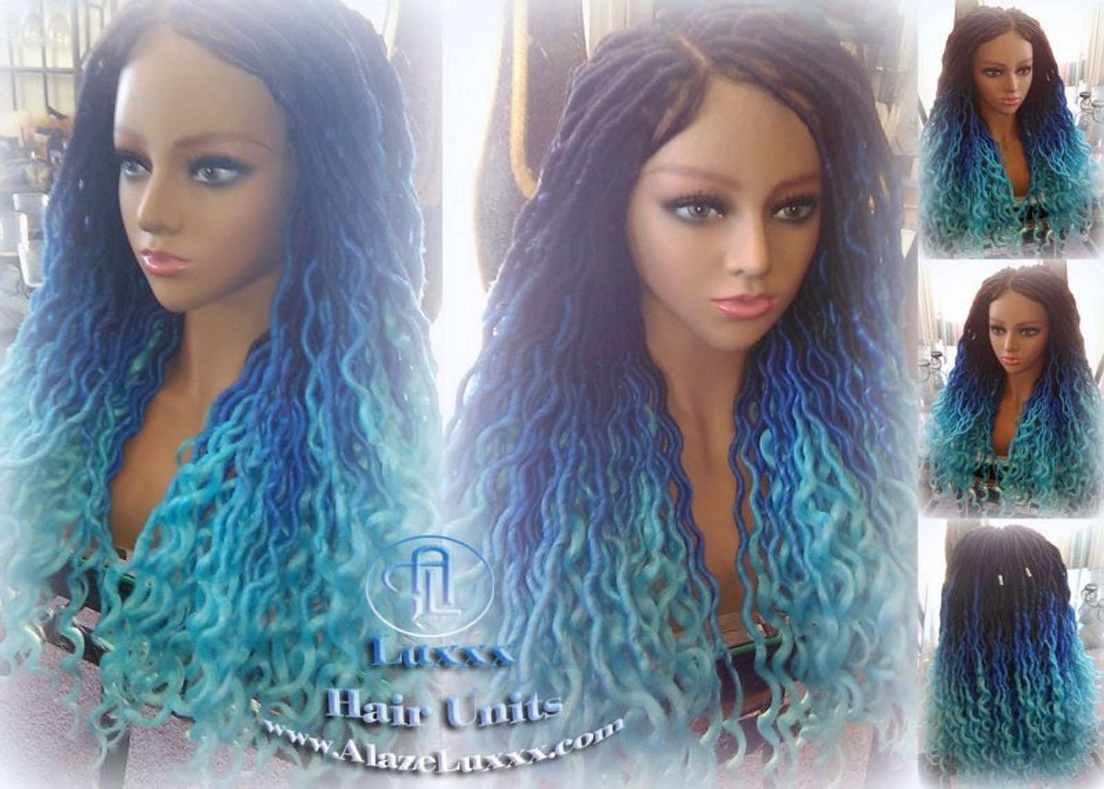 Blue Ombre Goddess Faux Locs Lace Closure W Baby Hairs Faux Loc Wig 4x4 ...