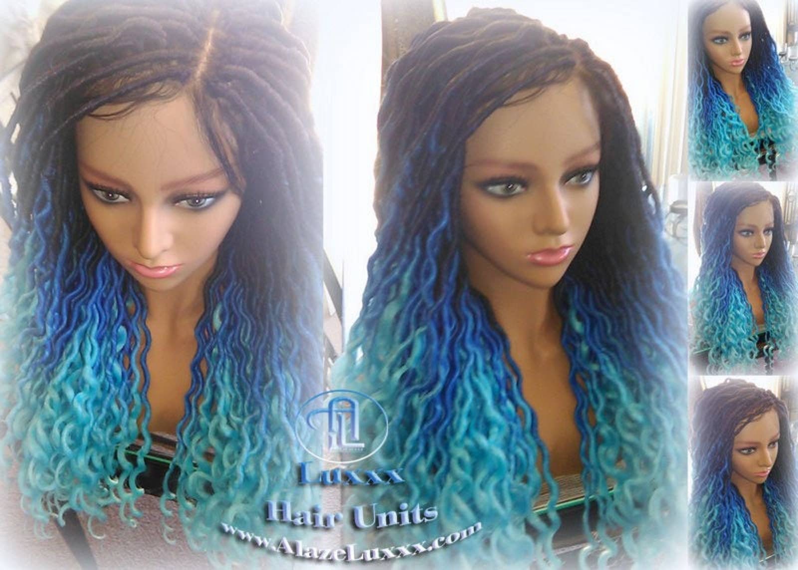 Blue Ombre Goddess Faux Locs Lace Closure W Baby Hairs Faux Loc Wig 4x4 ...