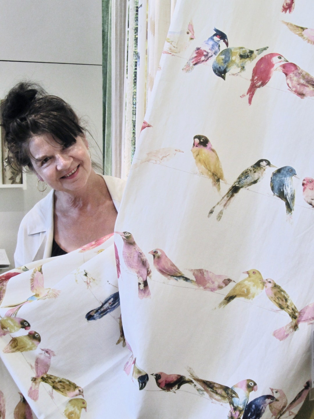 Birdsong!by the Meter Bird Print /pink Birds/linen/fabric//by the Meter ...