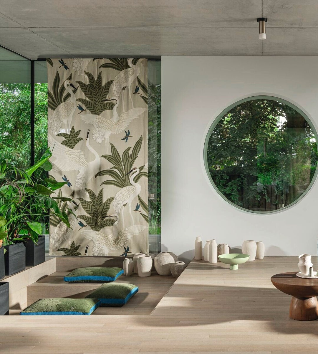 SPIRIT OF SILENCE* Luxury Fabric Embroidered Cranes Linen Cotton 2 ...