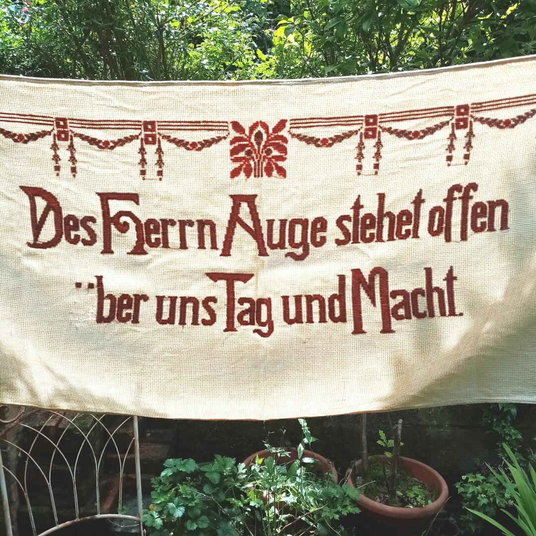 Antique German Prayer Wall Hanging, "des Herrn Auge" Linen Textile, 65 ...