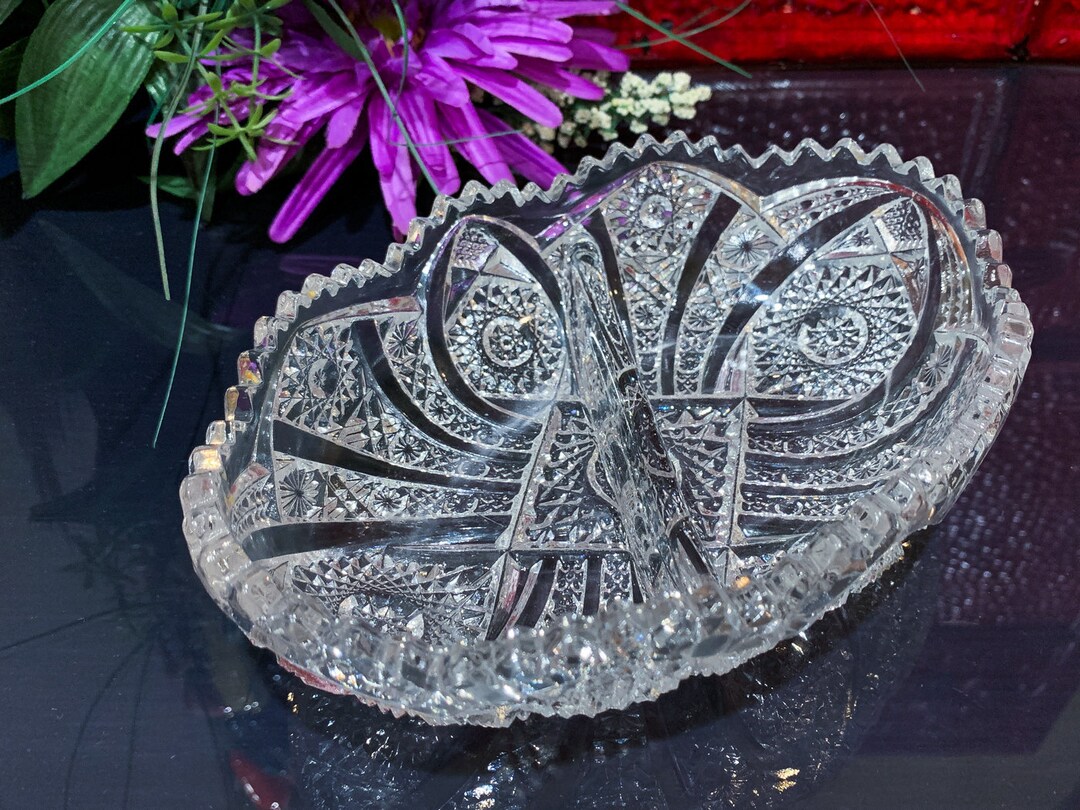 Crystal Dish Sectional Condiment Oval Bowl Snack Cheese Tray Vintage ...