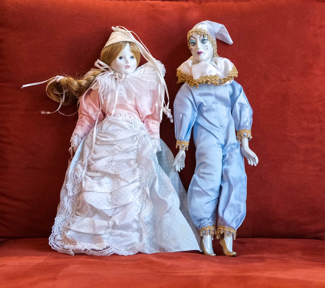 1980s Porcelain Music Doll Venetian Pastel Pink Blue Pierrot Harlequin ...