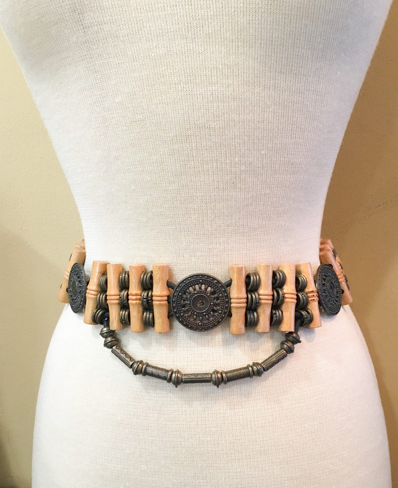 Boho Belt Bohemian Chic Grooved Wood Studded Bronze Toned - Etsy