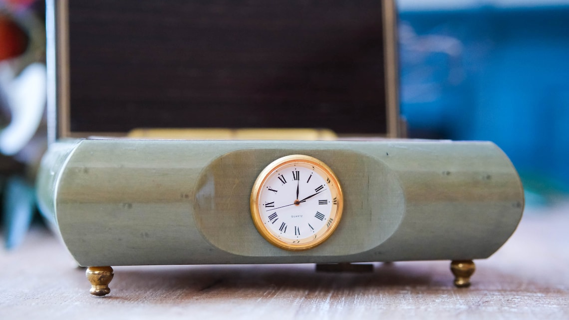 Music Box Floral Jewelry Vanity Storage Clock Box Decor Glazed Green ...