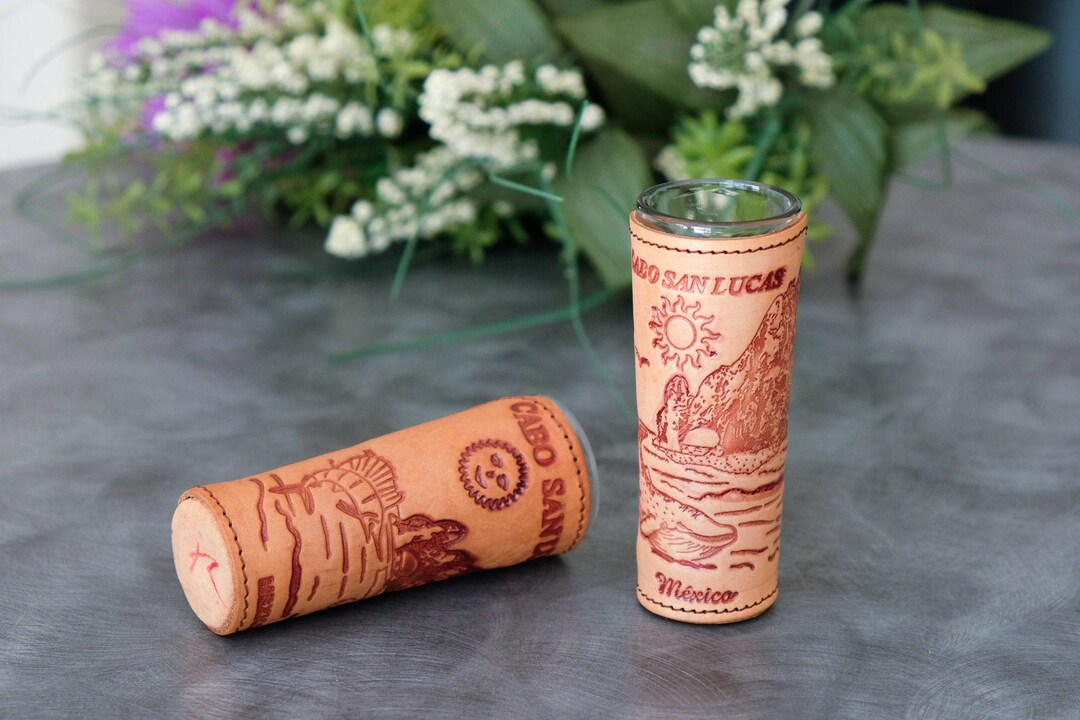 Tequila Glass Set of 2 Natural Leather Handmade Double Shot Bar Liquor ...