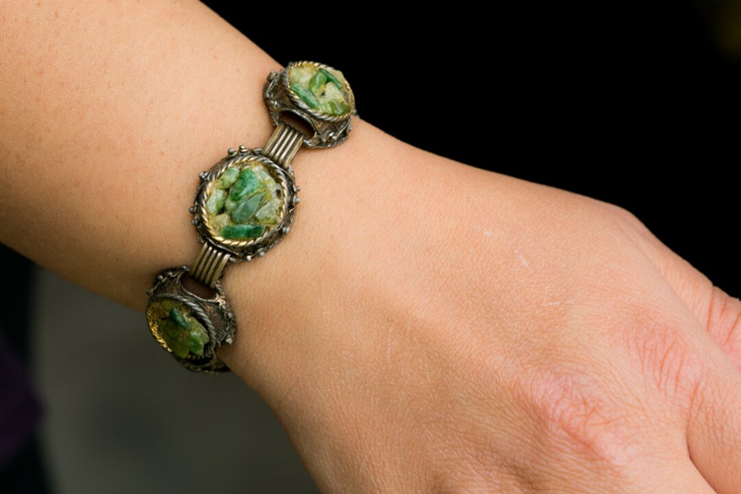 Nephrite Jade Bracelet Crushed Druzy Dyed Stones Vintage 1950's Bold ...